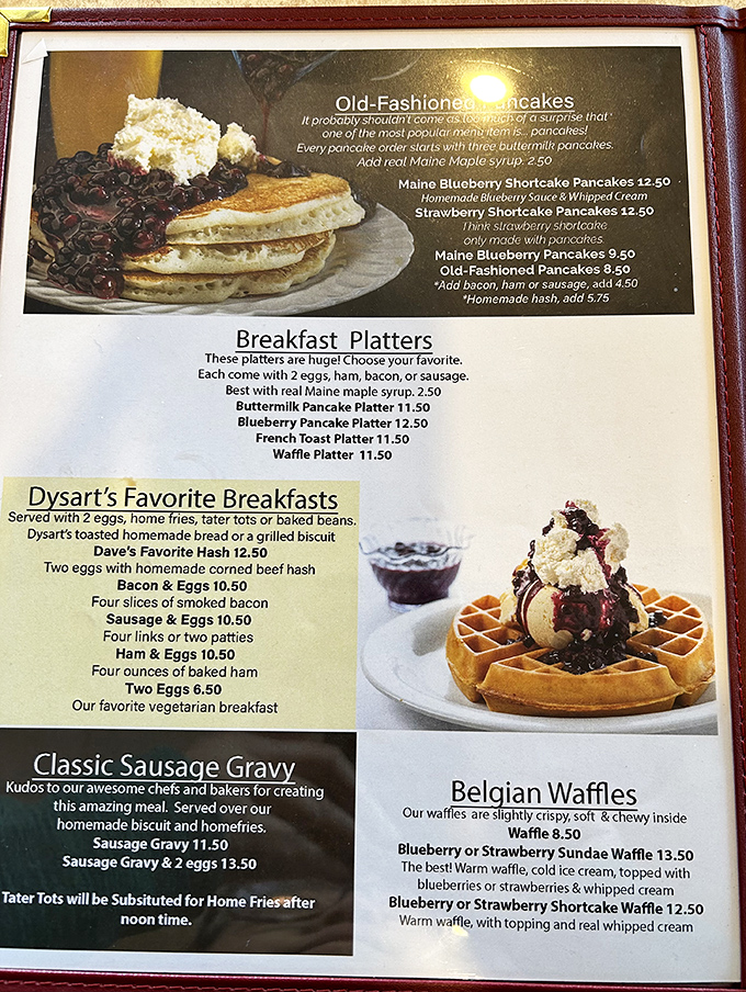 Dysart&rsquo;s Restaurant serves hearty Maine comfort food, featuring pancakes, waffles, and classic breakfast platters that keep travelers and locals happily satisfied.