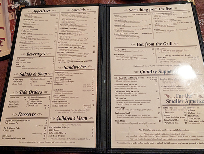 The menu reads like a love letter to classic American cuisine &ndash; steaks, seafood, and specialties that have stood the test of time.