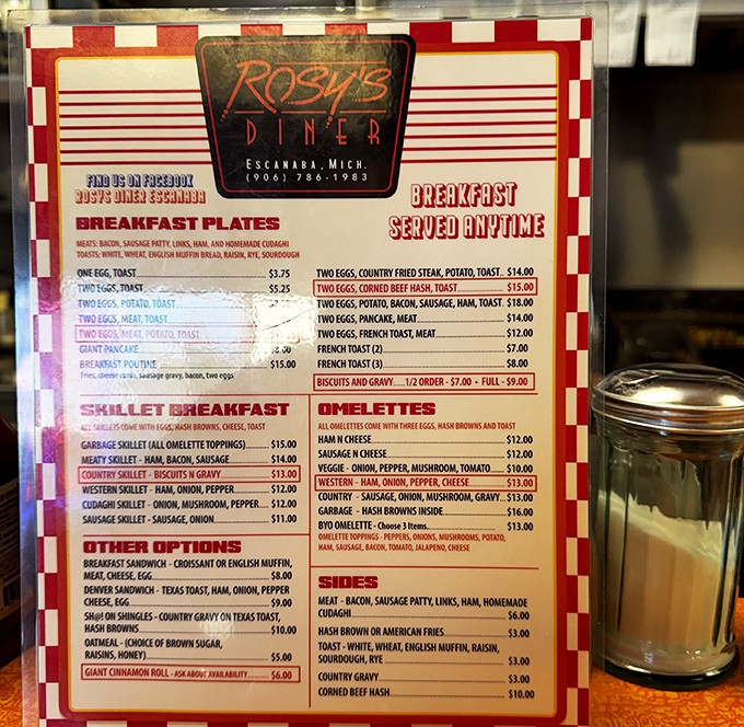 Breakfast served anytime is always the right time—Rosy's menu showcases classics done right, from hearty skillets to perfect pancakes.