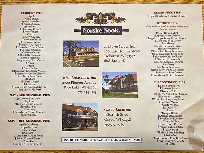 The menu reads like a love poem to pie enthusiasts&mdash;seasonal specialties, cream-topped wonders, and "retired pies" that deserve their own hall of fame.