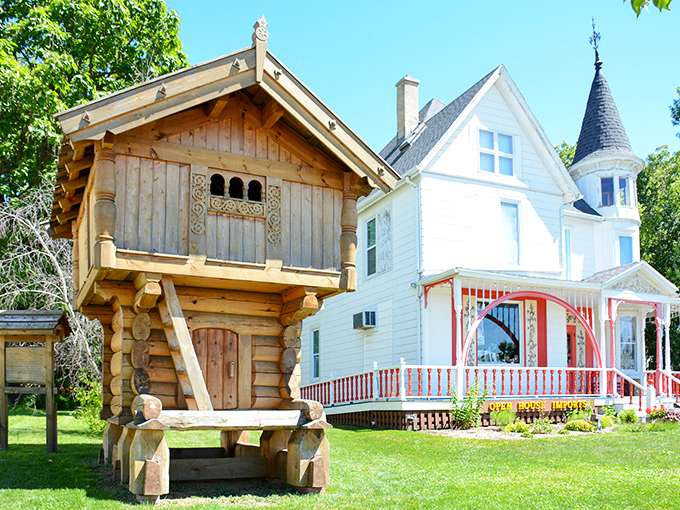 The Trollway features this charming Norwegian-style structure alongside a traditional American home, cultural fusion at its finest.