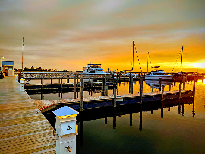 Golden hour transforms Harrisville Harbor into a painter's dream, with boats resting peacefully after a day on Lake Huron's vast waters.