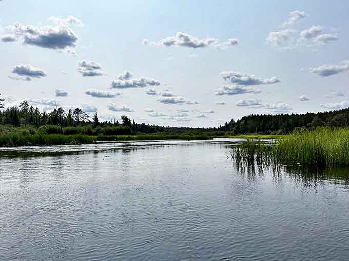 Blue railings guide explorers along a scenic walkway in Oscoda, where Lake Huron's rocky shoreline creates a dramatic natural border.