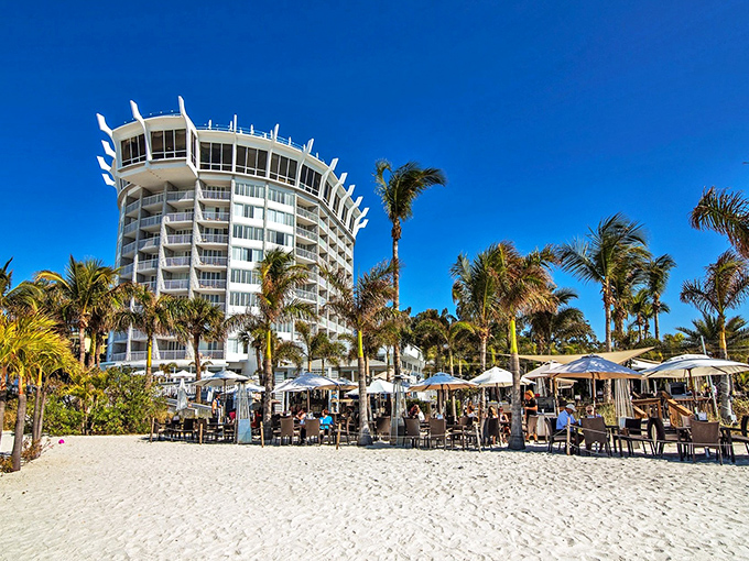 Modern meets beachy at Bongos, where the distinctive round building provides a striking backdrop for sandy-toed dining adventures.