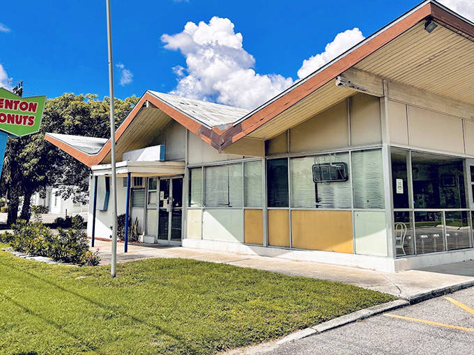 The distinctive mid-century architecture of Bradenton Donuts hints at decades of donut-making tradition inside its humble walls.