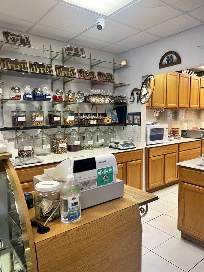 The working kitchen at Jan's gives a peek behind the chocolate curtain, with jars of ingredients ready to become the next batch of sweet treasures.