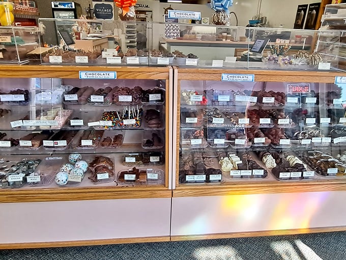 Inside Village Chocolatier, perfectly arranged truffles and treats sit in gleaming cases &ndash; chocolate artistry that's almost too pretty to eat. Almost.