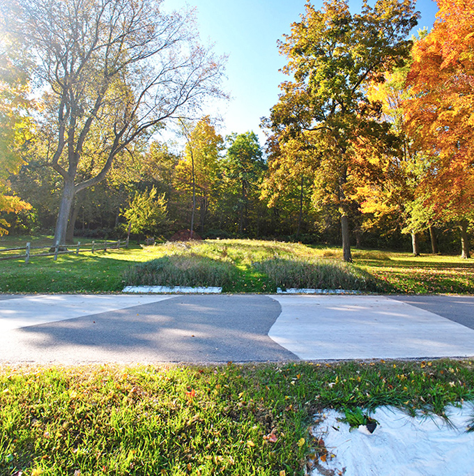 Fall transforms Man Mound Park into a painter's palette of amber and gold, framing this ancient creation in seasonal splendor.