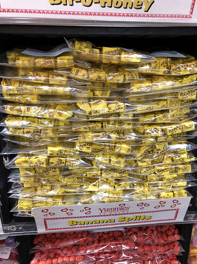 These nostalgic yellow-wrapped Banana Splits candies transport taste buds back to simpler times, capturing the essence of the ice cream treat in portable form.