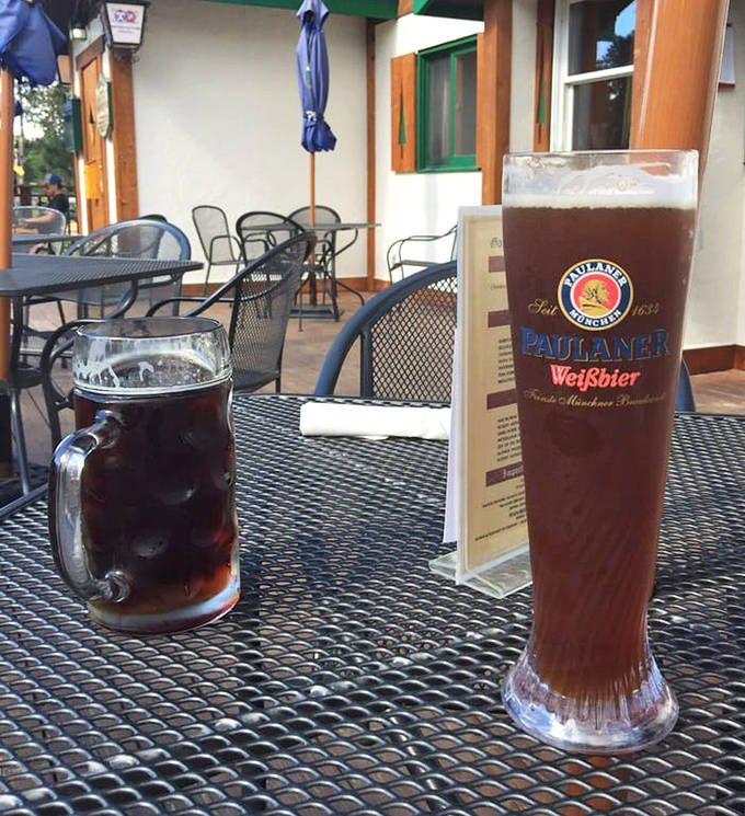 Two German beers catching the afternoon light on the patio &ndash; one dark as night, one golden as summer wheat, both promising liquid happiness.