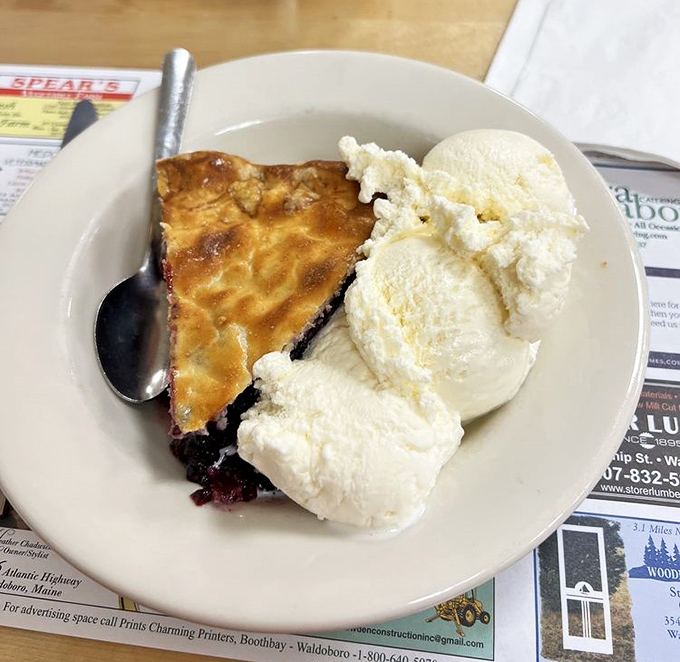 Wild Maine blueberry pie crowned with melting vanilla ice cream &ndash; a symphony of sweet-tart fruit and buttery crust that's worth the drive alone.