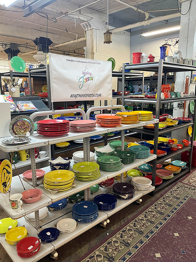 Fiestaware heaven! These colorful dishes aren't just kitchenware &ndash; they're time machines to grandma's Sunday dinners, stacked in rainbow perfection.