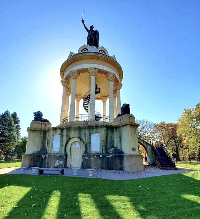 Hermann Monument stands proudly against the sky, a copper sentinel who's been pointing his sword triumphantly since 1897.