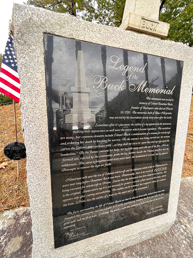 A modern plaque explains the witch's curse legend, though historical facts haven't diminished the spine-tingling appeal of this supernatural tale.