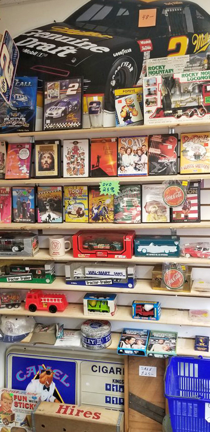 NASCAR memorabilia meets pop culture collectibles in this booth. That Miller car would have your uncle Steve reminiscing about race days for hours!
