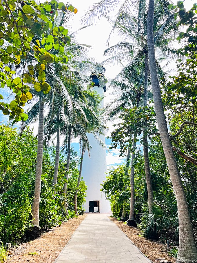 A brick path lined with swaying palms creates an almost ceremonial approach, building anticipation with each step toward maritime history.