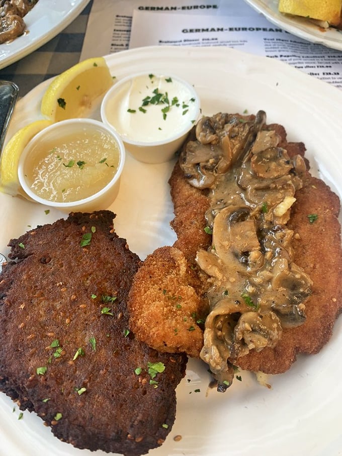 This isn't just schnitzel, it's edible art! Golden-brown perfection with mushroom sauce that would make a German grandmother weep with pride.