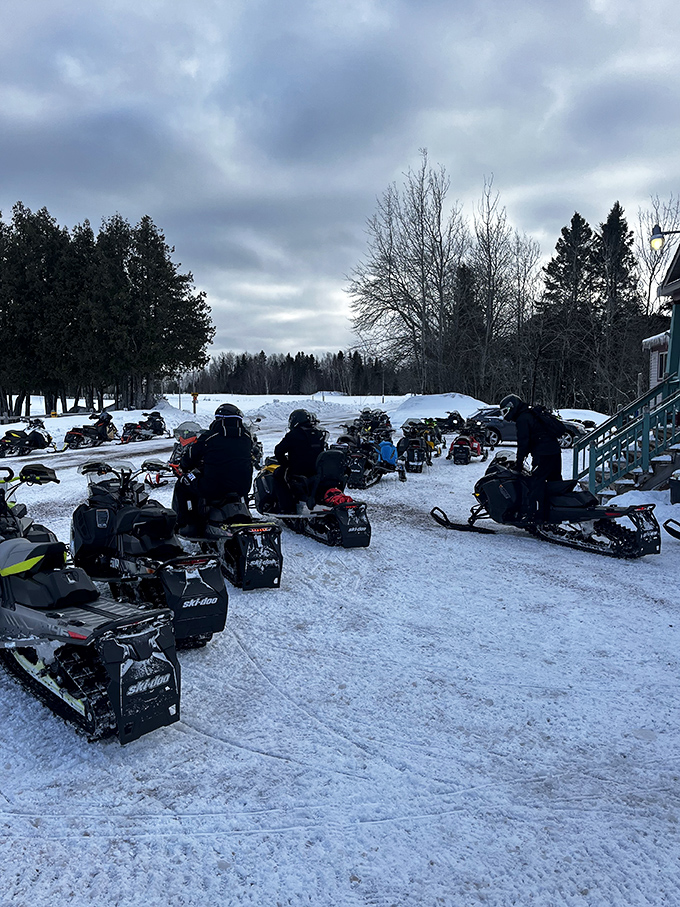 Winter transforms Calumet into a snowmobiler's paradise, where these modern steeds replace the horses that once trotted these streets.