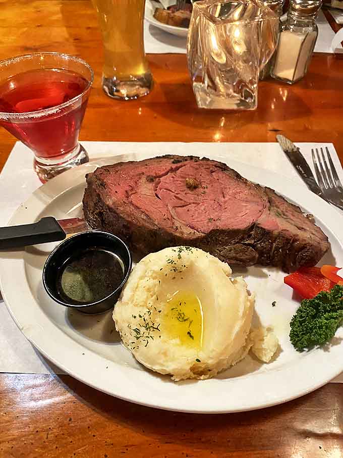 This isn't just prime rib &ndash; it's a masterpiece of meat, perfectly pink and tender, with mashed potatoes standing by for gravy duty.