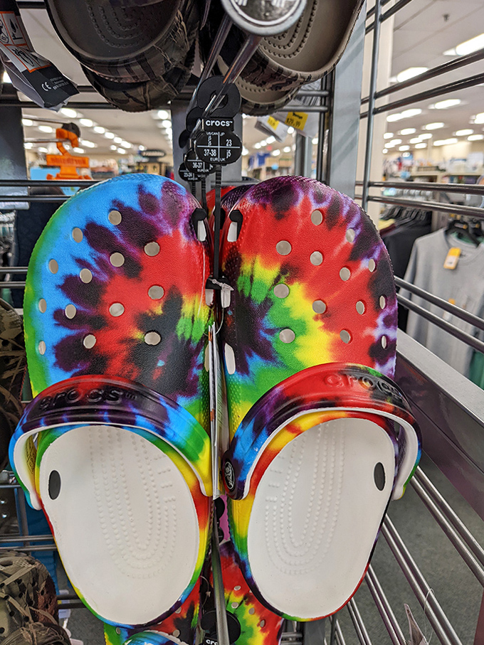Who knew practical footwear could be so psychedelic? These tie-dye Crocs perfectly capture Renys' blend of function and unexpected fun.