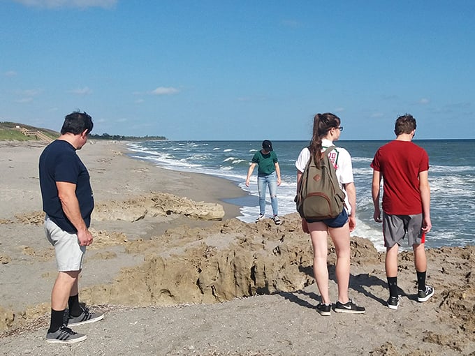 Beach explorers unite! Visitors marvel at the unique limestone formations that make Blowing Rocks a geological wonderland.
