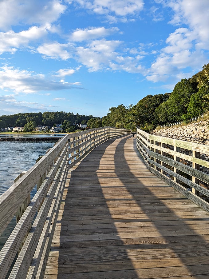 Shadows play across the boardwalk as afternoon sun filters through, creating a perfect path for coastal wanderers.
