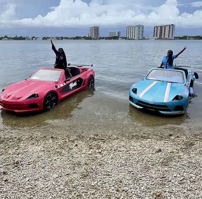 Two floating cars cruising together like they're carpooling to the world's most unconventional office, making rush hour traffic look absolutely prehistoric by comparison.
