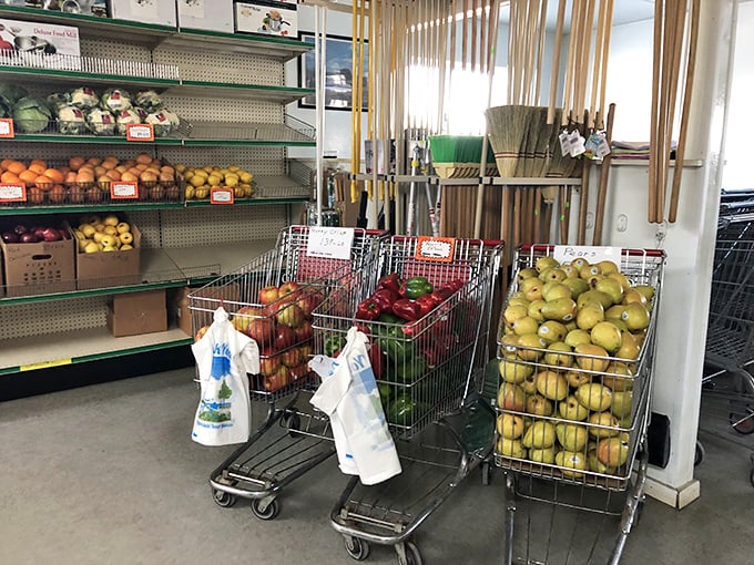 Fresh produce fills metal carts &ndash; apples and vegetables that traveled miles, not continents, to reach your kitchen table.