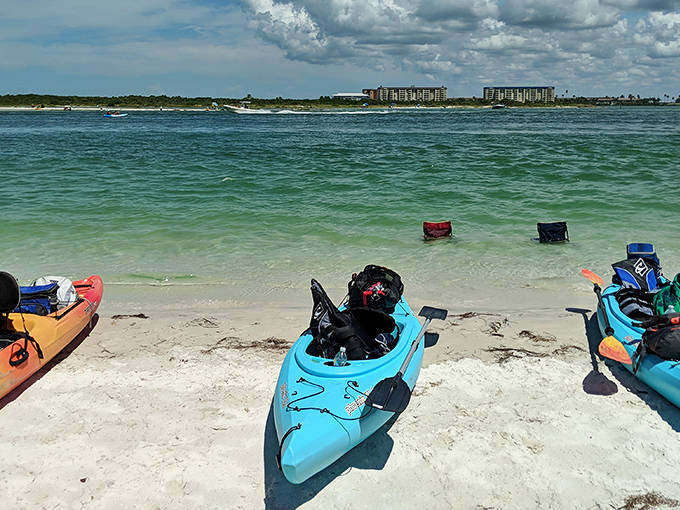 Colorful kayaks wait patiently on the shore, like eager puppies ready for their next adventure through mangrove tunnels.
