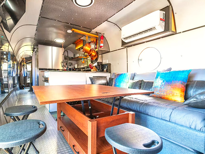 By day, a comfortable living space; by night, this pullout transforms into extra sleeping quarters for helicopter glamping.