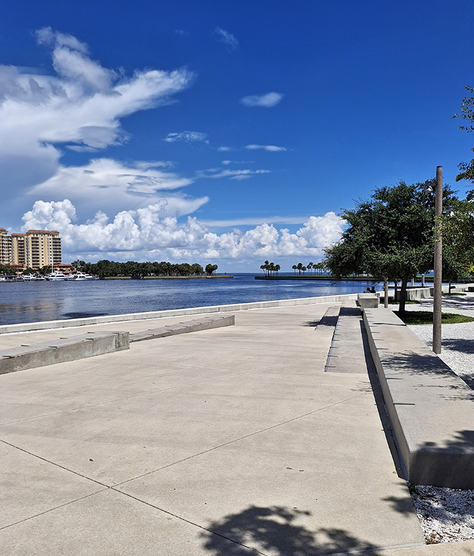 The waterfront promenade offers breathtaking views of Tampa Bay, where the playground meets nature's own magnificent water feature.