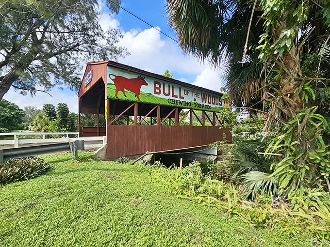 The side view showcases the bridge's classic barn-red exterior, standing out like a Norman Rockwell painting against Florida's tropical landscape.