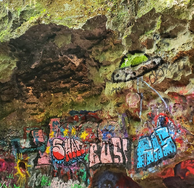 Cave art, Florida style: Colorful graffiti contrasts with ancient limestone walls, telling stories both new and millions of years old.