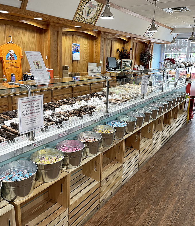 Glass cases packed with chocolate- showcase Alpine Chocolat Haus's specialty &ndash; turning ordinary snacks into extraordinary treats.