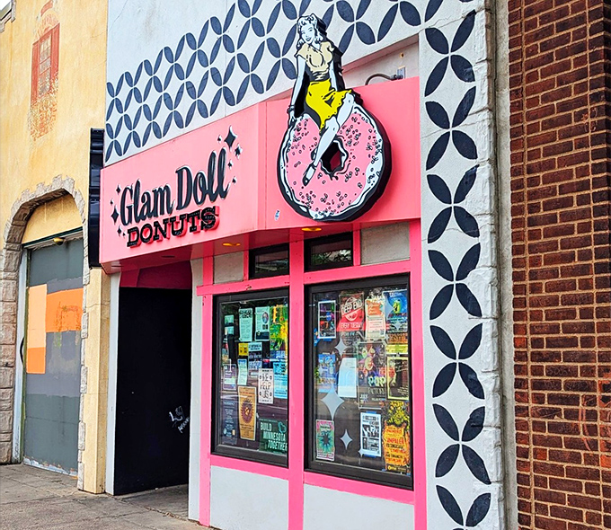 Pink paradise for donut enthusiasts! Glam Doll's vibrant storefront brings a splash of retro fun to Minneapolis' food scene.