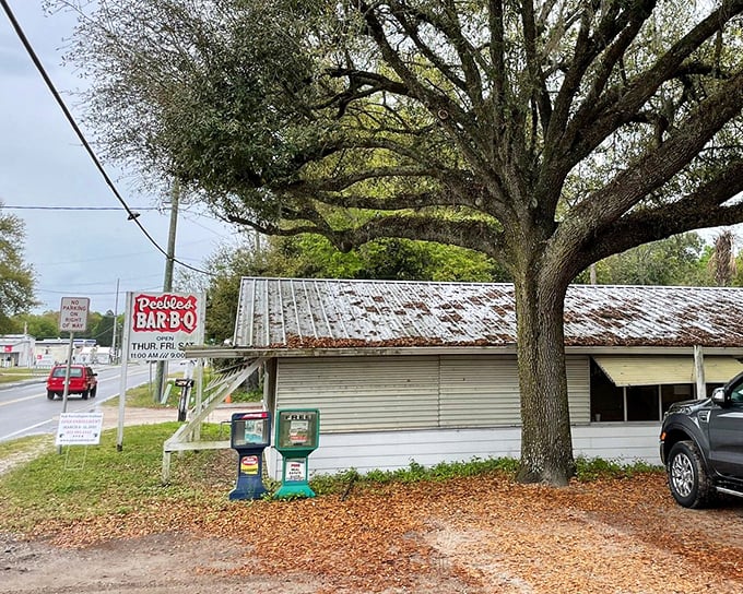 The modest white exterior of Peebles hides world-class BBQ inside. That metal roof has sheltered generations of BBQ lovers.
