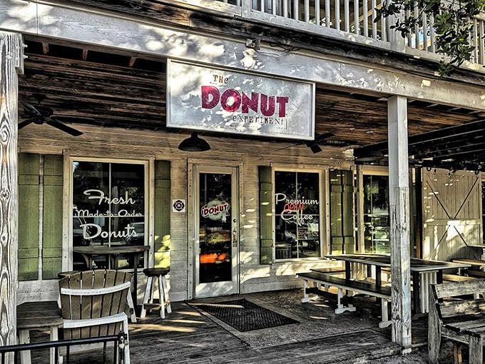 Rustic wood and coastal charm define The Donut Experiment, where every donut is a personal masterpiece waiting to happen.