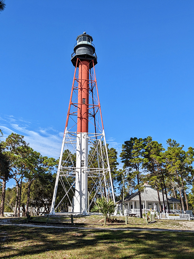 The iconic St. Marks Lighthouse stands tall against the brilliant blue Florida sky, a historic sentinel watching over the Gulf.