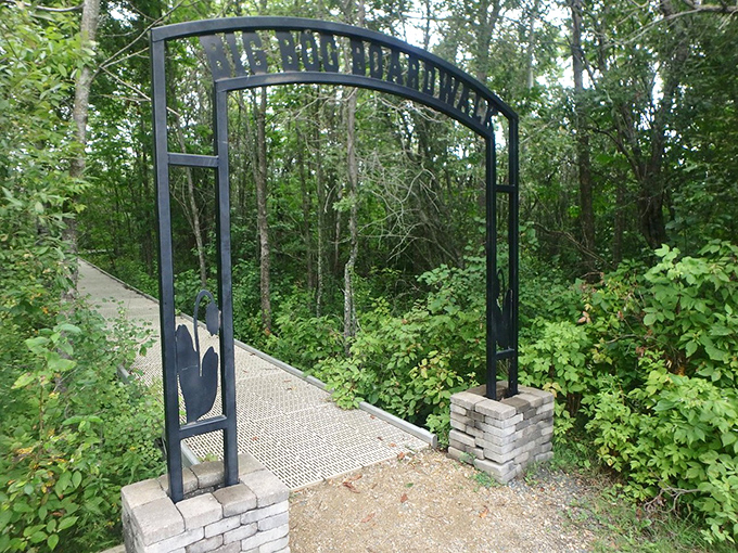 This entrance arch welcomes visitors to a world where plants eat bugs and the ground is basically a giant sponge.