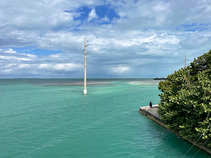 A lone utility pole rises from Islamorada's impossibly turquoise waters like some aquatic sentinel, reminding visitors that even paradise needs electricity.