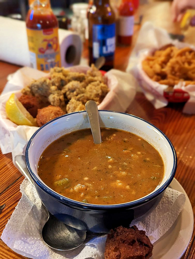 A steaming bowl of seafood gumbo that's worth the drive alone &ndash; dark, rich, and loaded with the day's catch.