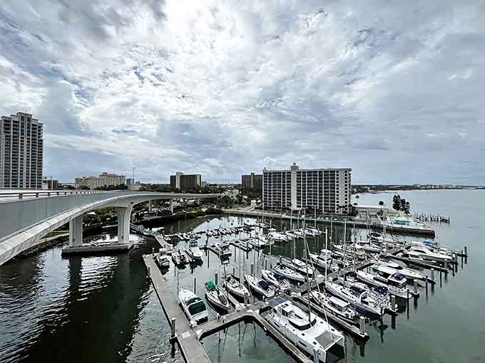 Not just boats but dreams are moored at Harbor Marina, where vessels bob gently like expensive, floating lullabies.
