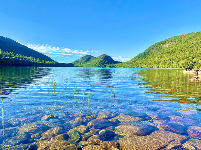 Jordan Pond's crystal waters mirror the Bubbles mountains with such clarity you'd think nature hired a professional photographer.