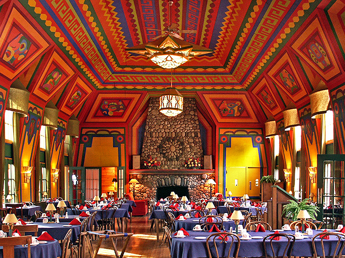 The legendary dining room ceiling explodes with color and pattern – eating breakfast here is like dining inside a kaleidoscope with excellent coffee.