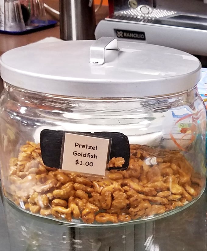 Pretzel goldfish swimming in a glass jar – simple snacks elevated to art form for the discerning preschool palate.