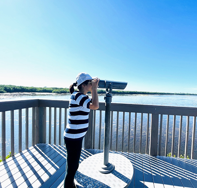 A visitor scans the horizon with binoculars, hunting for that perfect wildlife moment worth bragging about later.