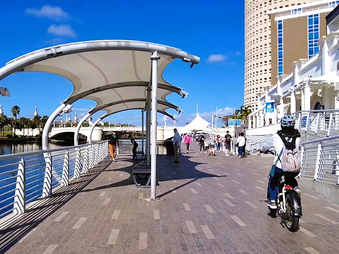 The Riverwalk's clever design includes plenty of shade sails that billow like the sheets of Tampa's historic sailing ships. Form meets function in the Florida heat.