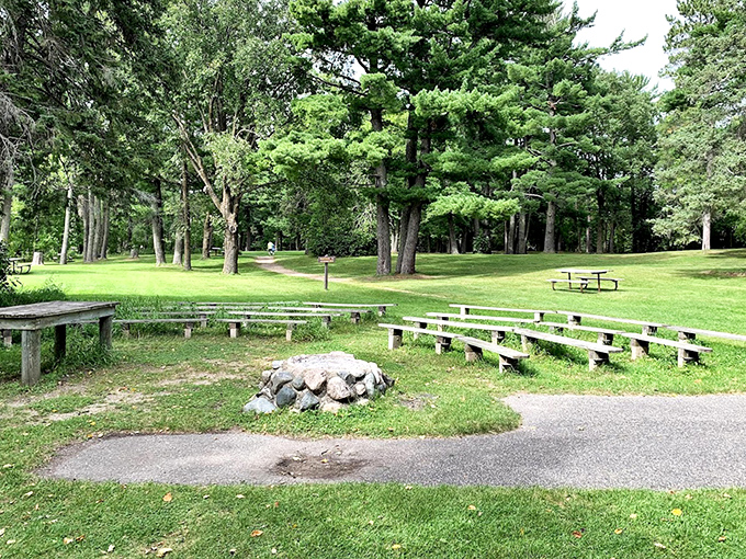 Rustic wooden benches and a stone fire pit create the perfect gathering spot for sharing stories under Itasca's star-filled skies.