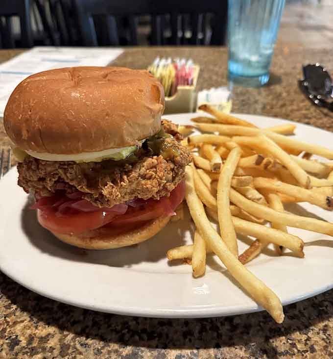 That golden-fried chicken burger isn't messing around, arriving with enough fries to share (but you probably won't want to).