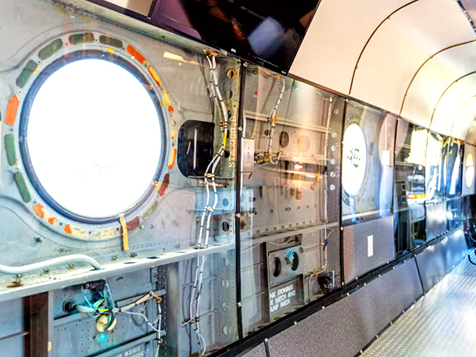 The interior maintains just enough military character to remind you you're vacationing in what once soared through skies on missions.